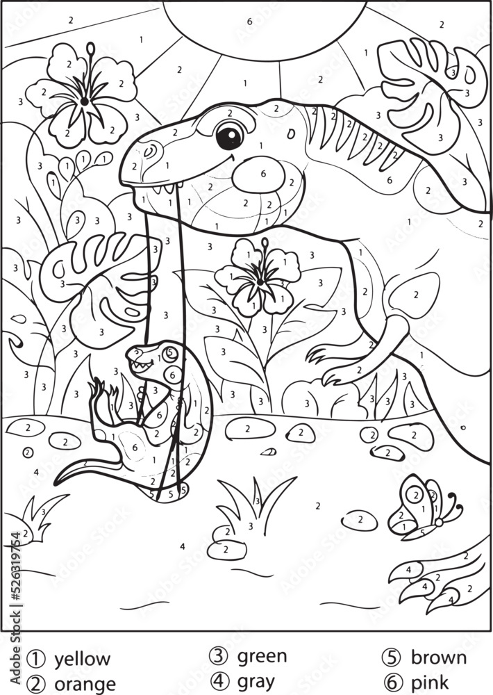 Dinosaur color by number coloring pages for adults Stock Vector | Adobe ...