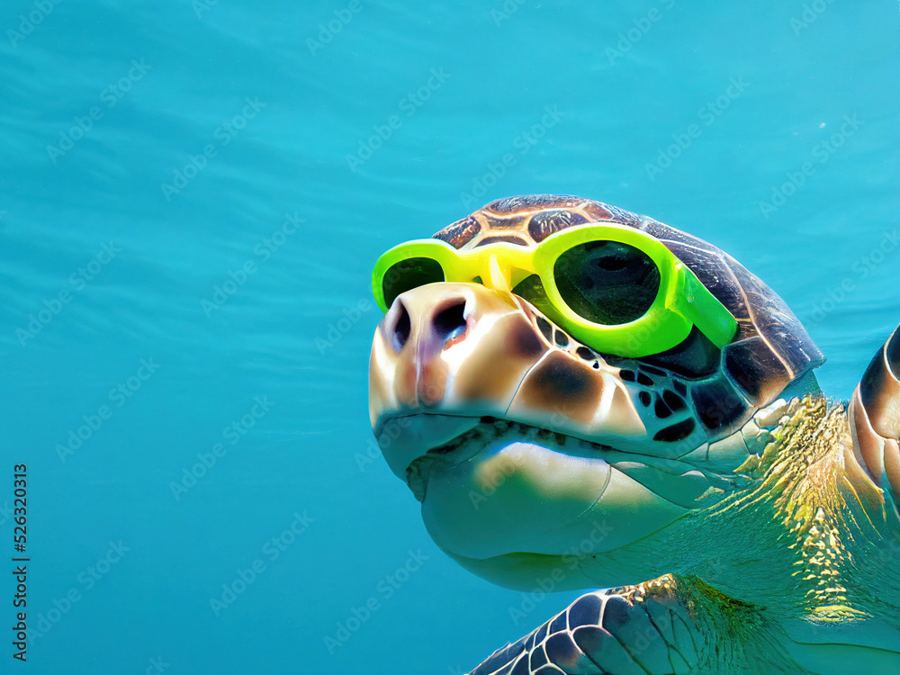 Portrait of a large sea turtle swimming in goggles. AI-generated 3D ...