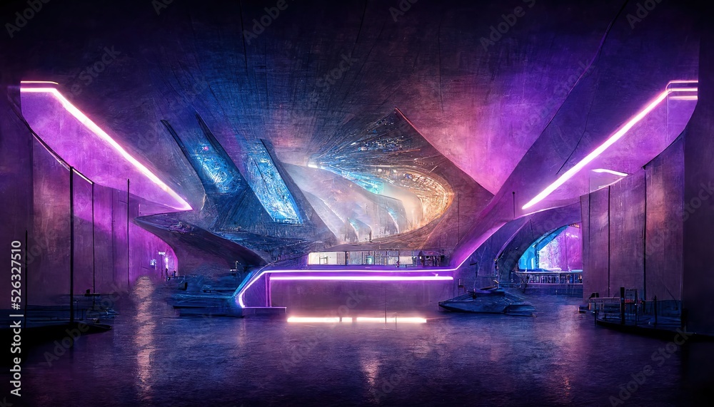The spacious lobby of the room is made of gray concrete and illuminated ...