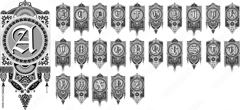 Vintage decorative font. Richly decorated alphabet, vector set of hand ...