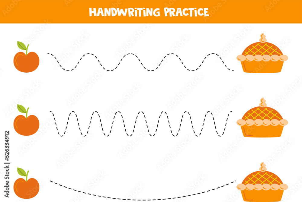 Tracing lines for kids with apple pies. Handwriting practice. Stock ...