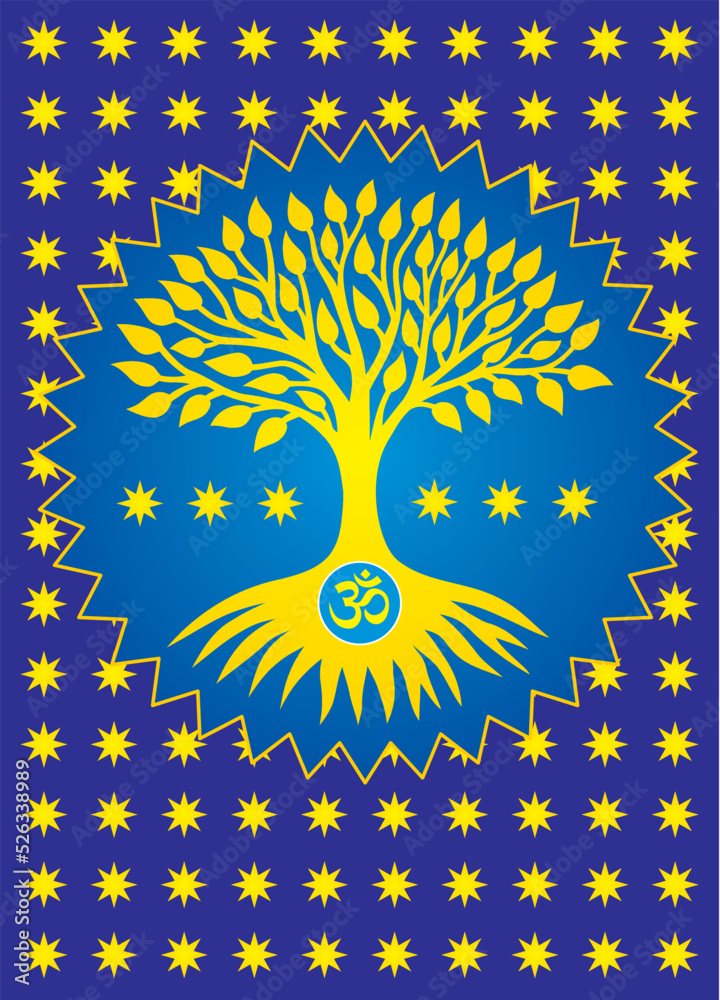 The yellow tree of life with aum, om, ohm sign against blue background ...