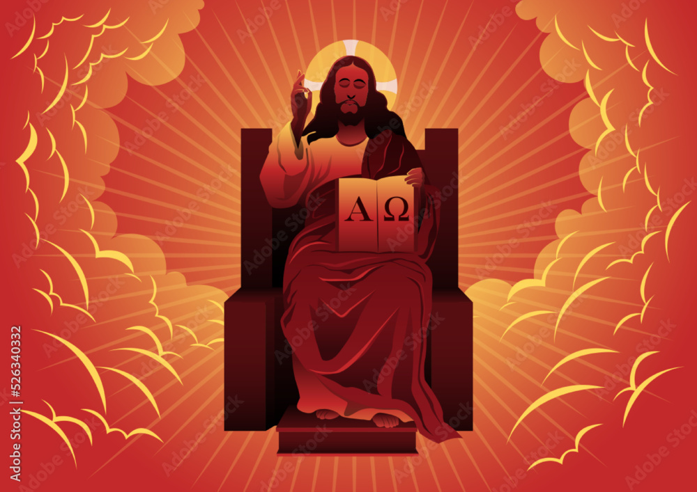 Jesus seated on throne with one hand hold open book Stock Vector ...