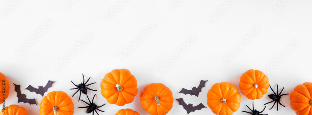 Halloween bottom border of orange pumpkins with black bats and spiders ...