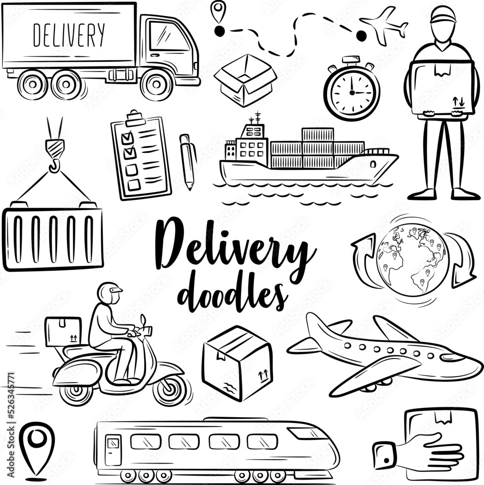 Logistic shipping freight service supply icons. Hand drawn doodle icons ...