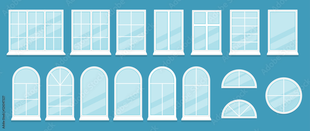 Set of realistic glass transparent plastic windows with window sills ...
