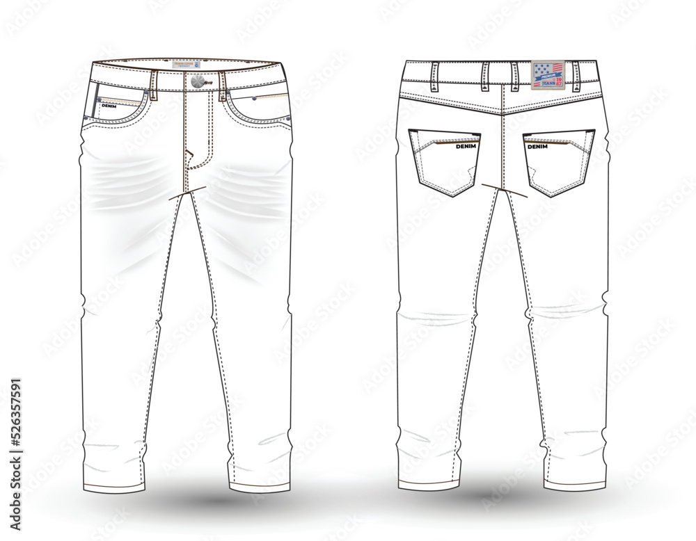 Denim Pant flat sketch design. Denim long pant Technical Fashion ...