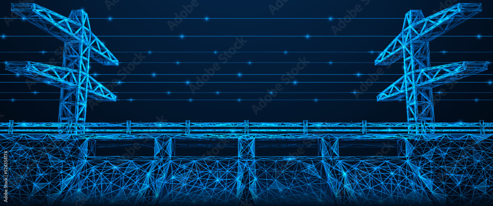 Poster Hydroelectric power station with towers of a high-voltage power ...