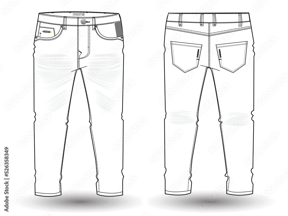 Denim Pant flat sketch design. Denim long pant Technical Fashion ...