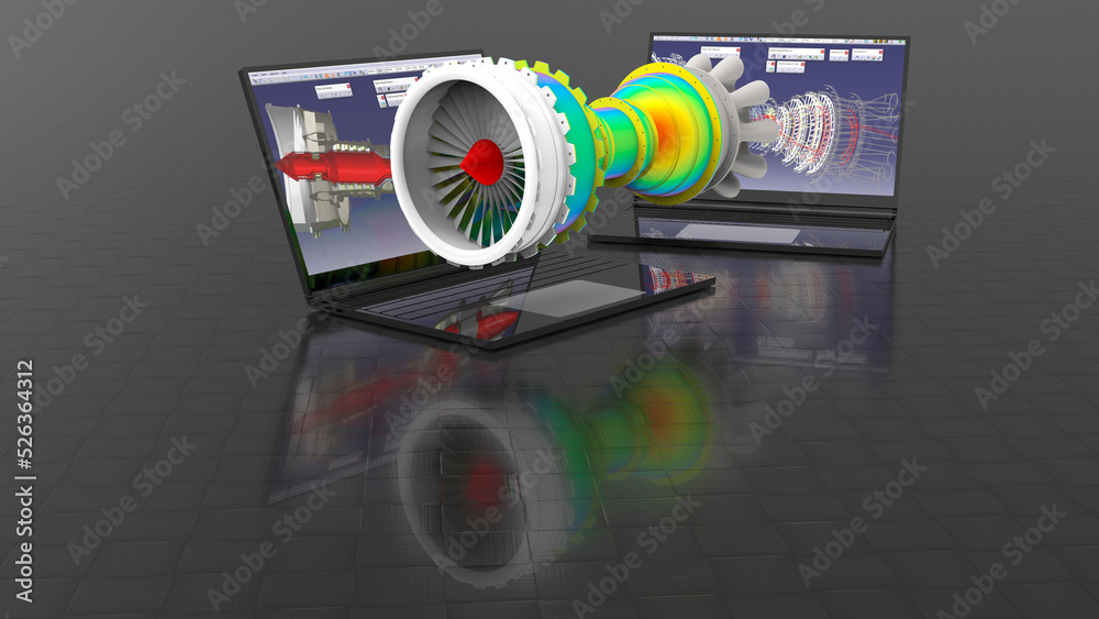 3D render - design and simulate a jet turbine on a laptop Stock ...