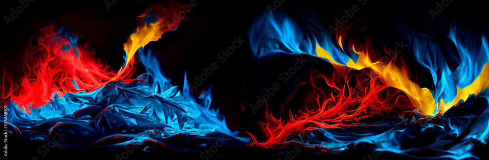 Panorama of the meeting of fire and ice. Abstract painting of a blazing ...