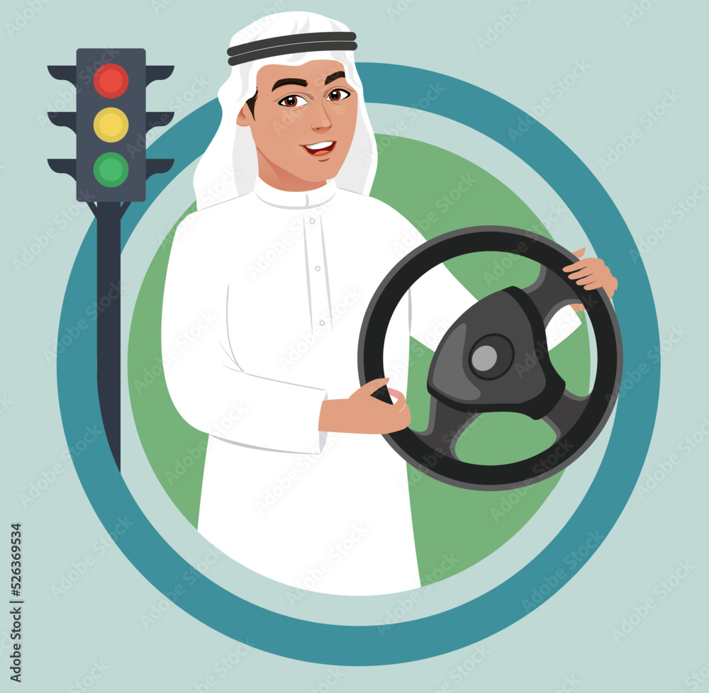Vecteur Stock Arab muslim saudi man holding a steering of car. Arab ...