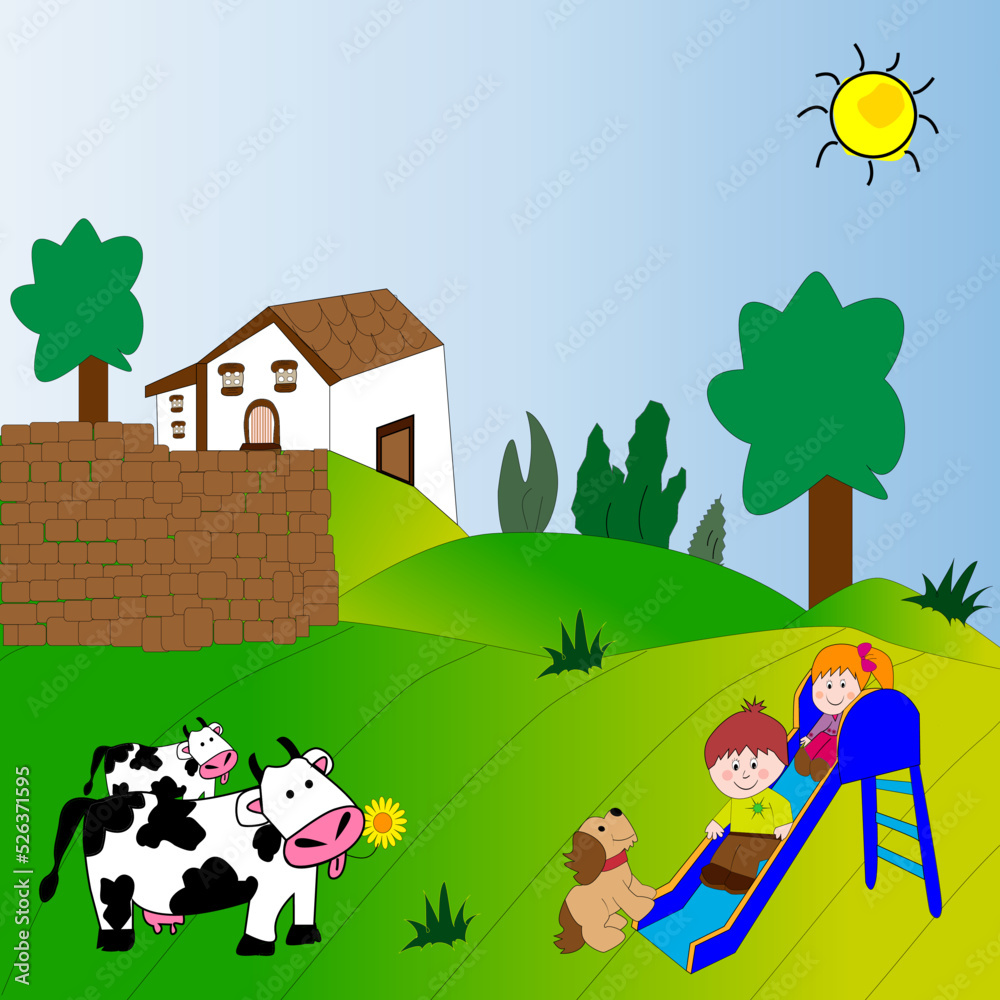 Paisaje de campo con niños tirándose por el tobogán y vacas pastando ...