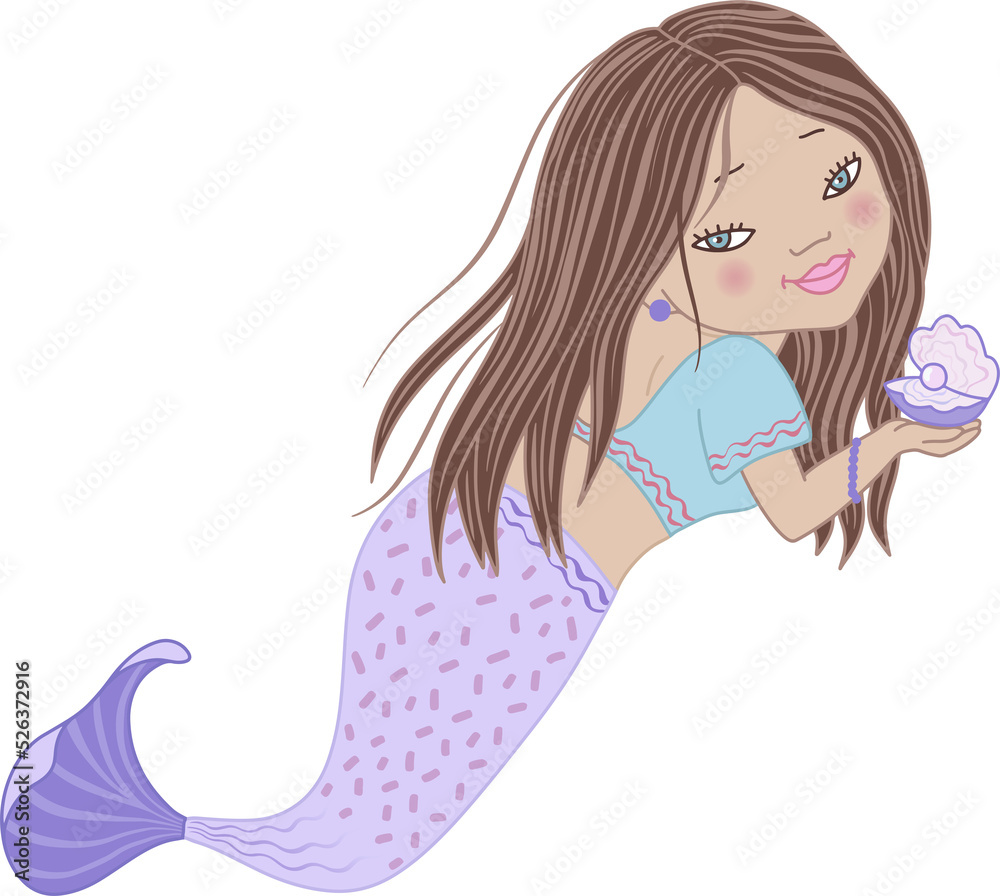 Cute water nymph with pearl shell. Mermaid in cartoon style. Stock ...