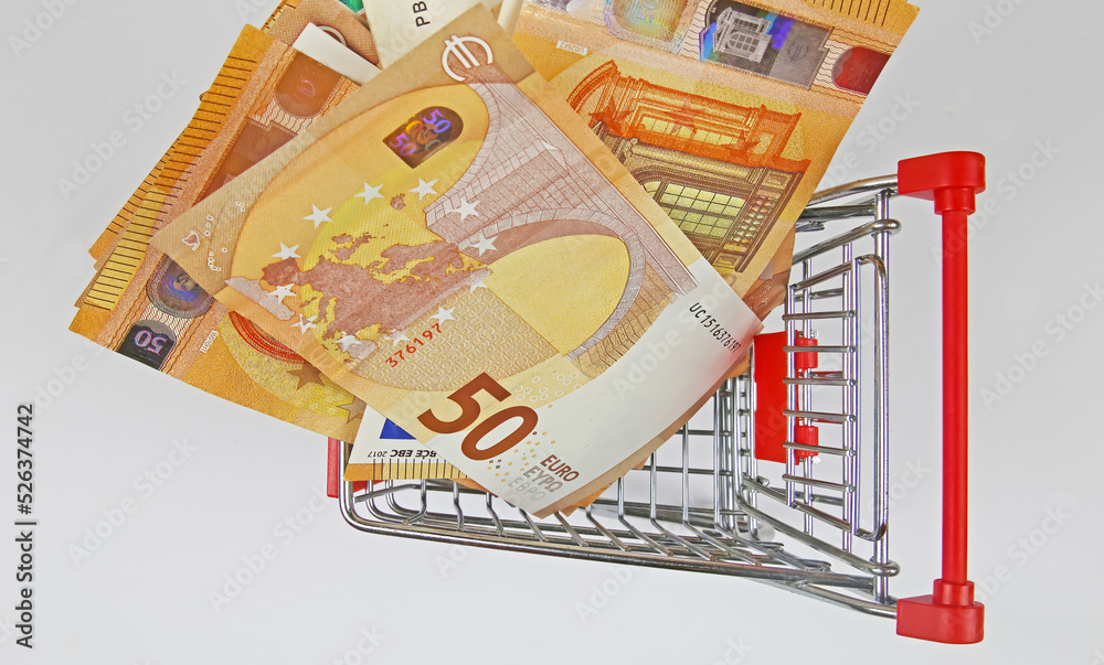 Top view on isolated shopping cart model with euro cash money banknotes ...