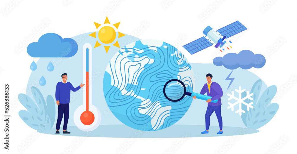 Vetor de Meteorology, geophysics science. Meteorologists studying ...