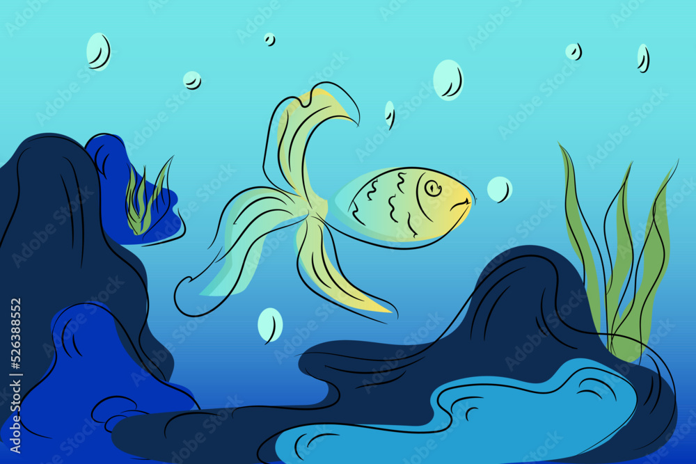 Panorama of the underwater world. Sea background. Cartoon flat vector ...