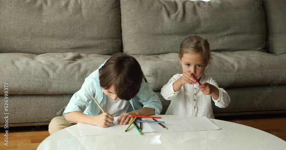 Two focused cute sibling children drawing in album papers in living ...