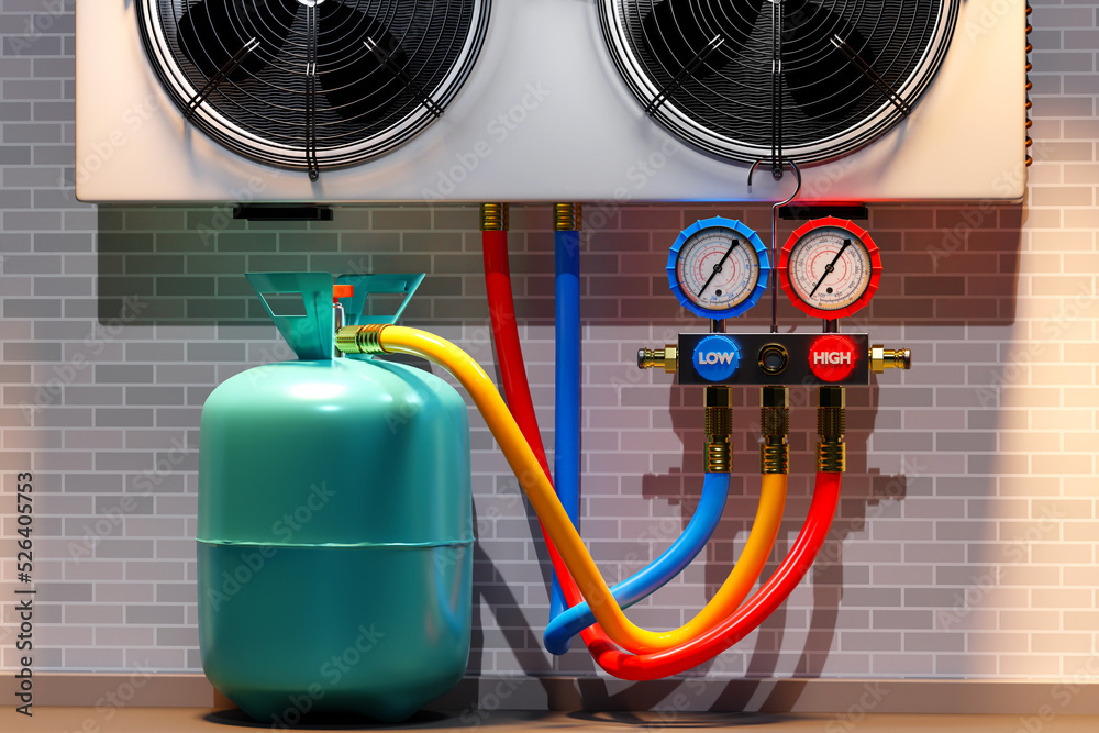 Air conditioner service. Freon gas cylinder. Conditioner filling ...