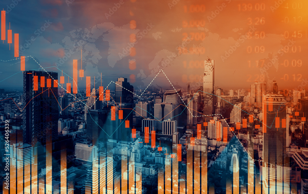 Economic crisis concept shown by declining graphs and digital ...
