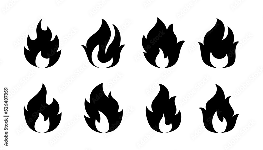 Collection of Fire flames silhouette vector isolated on white ...