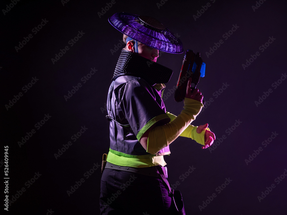 Futuristic character in a bright stylized outfit, photo with neon ...