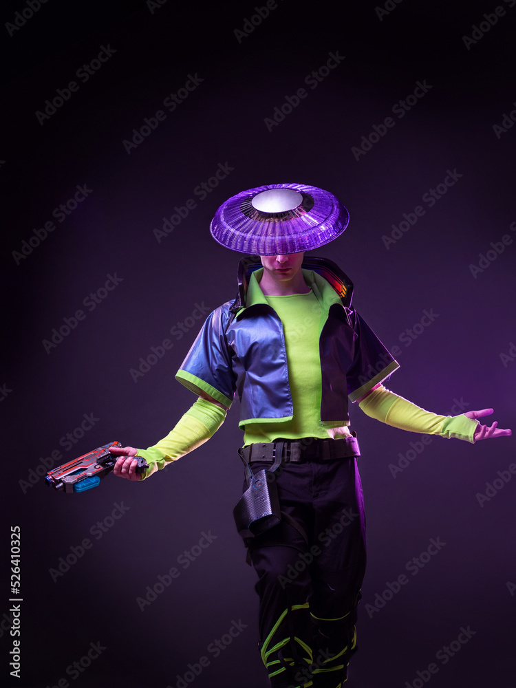 Cyborg killer in an Asian hat, a futuristic character with a gun in his ...