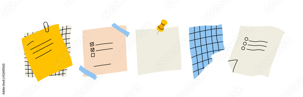 Paper notes. Various pieces of paper on stickers, sticky tape, button ...