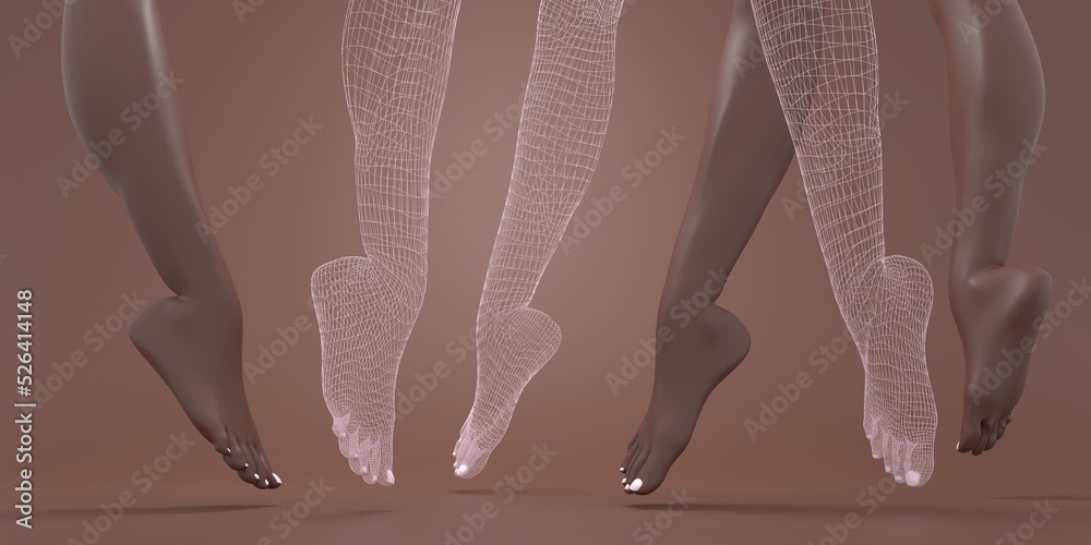 Collage with perfect slim and elegant legs from different view. 3D ...