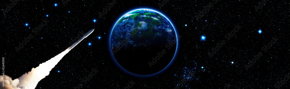 Spaceship flight. Starry sky and blue galactics. View on space shuttle ...