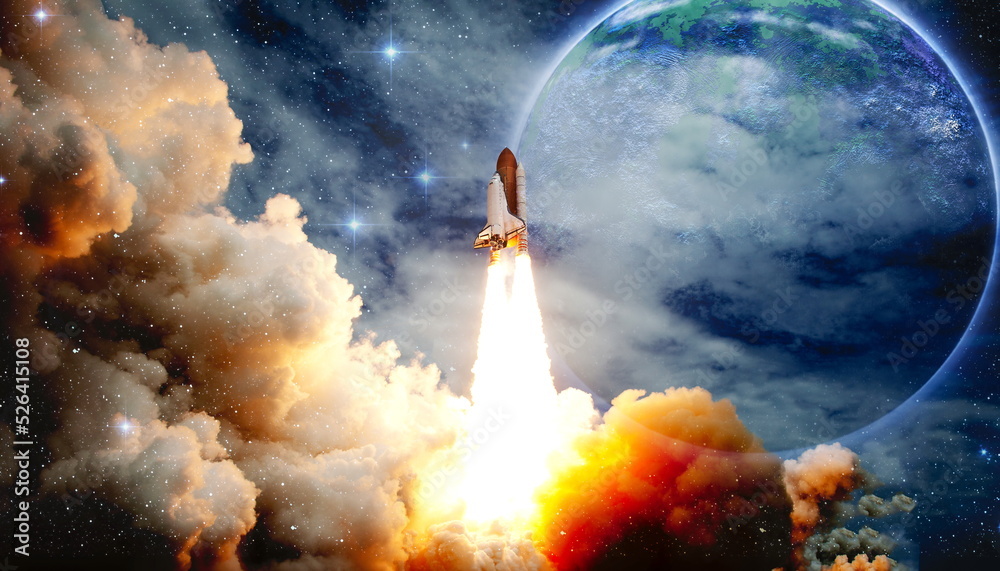 Spaceship flight. Starry sky and blue galactics. View on space shuttle ...