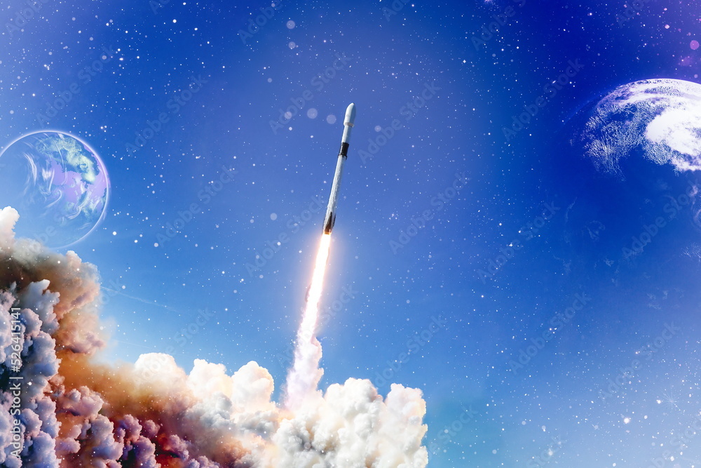 Spaceship Takes Off In The Starry Sky Rocket Space Ship Rocket Starts Into Space Concept