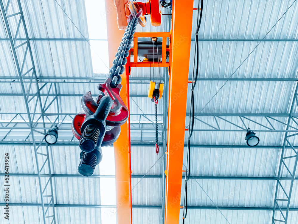 Overhead crane inside factory building, industrial background. Stock ...