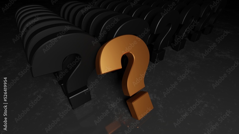 Gold question mark symbol in a black concept scene 3D rendering ...