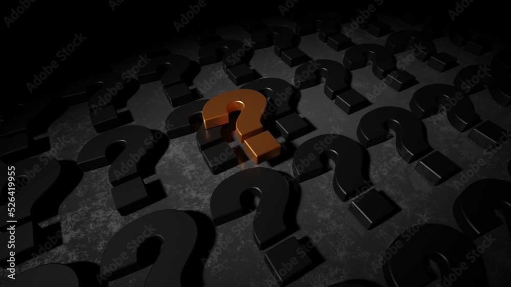 Gold question mark symbol in a row on a black scene 3D rendering ...