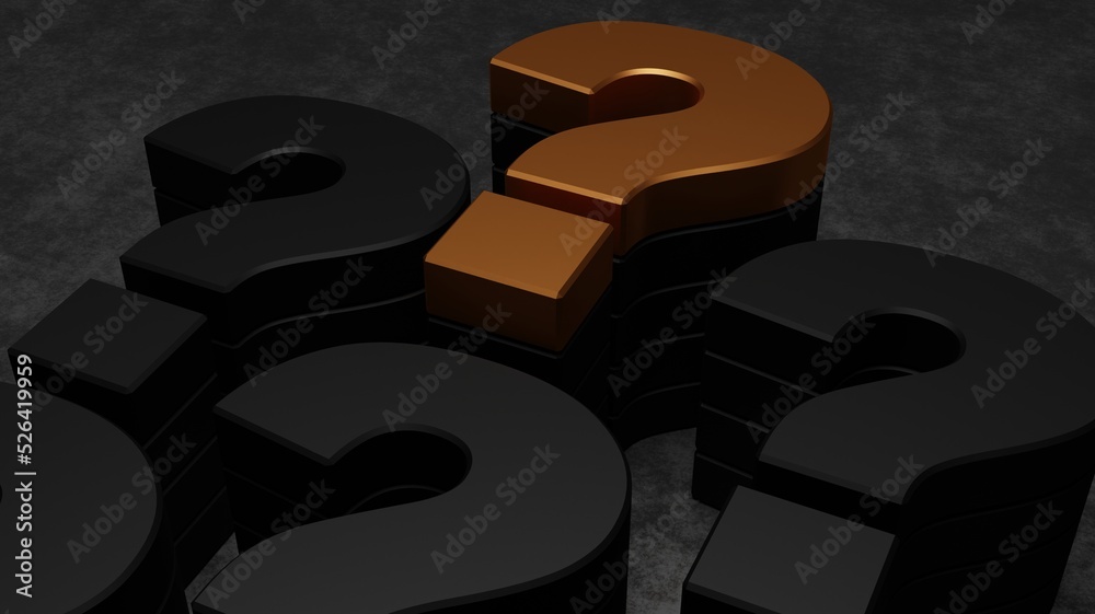 Gold question mark symbol in black scene 3D rendering business concept ...