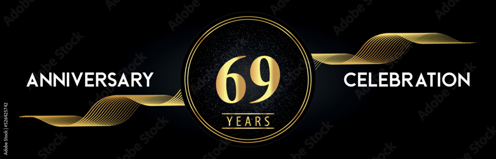 69 Years Anniversary Celebration with Golden Waves and Circle Frames on ...