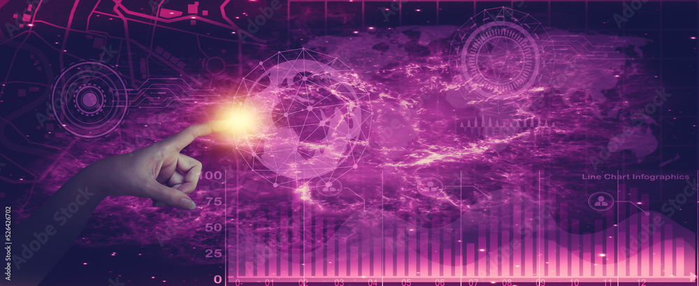 Men's hands touch the metaverse universe. Digital transformation concept for the next generation ...