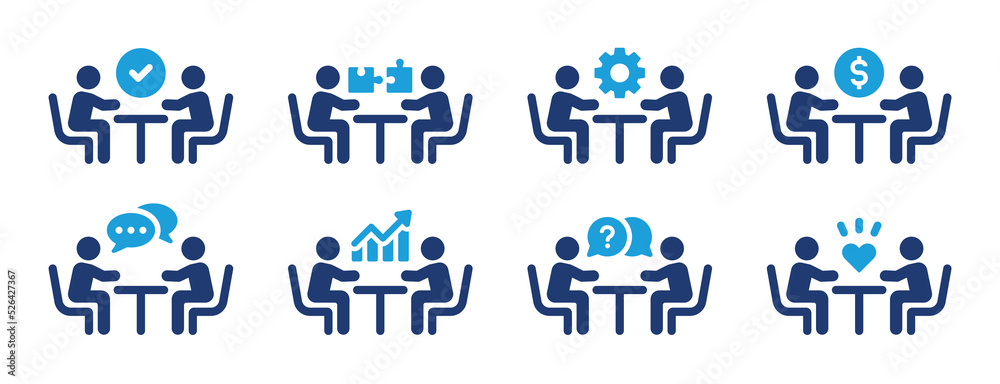 Meeting icon set. Business conference for finding solution, strategy ...