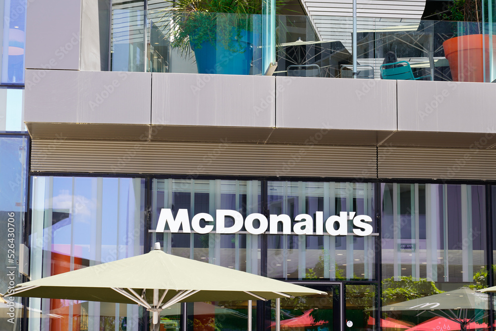 McDonald facade entrance sign brand m logo text on Restaurant Exterior ...