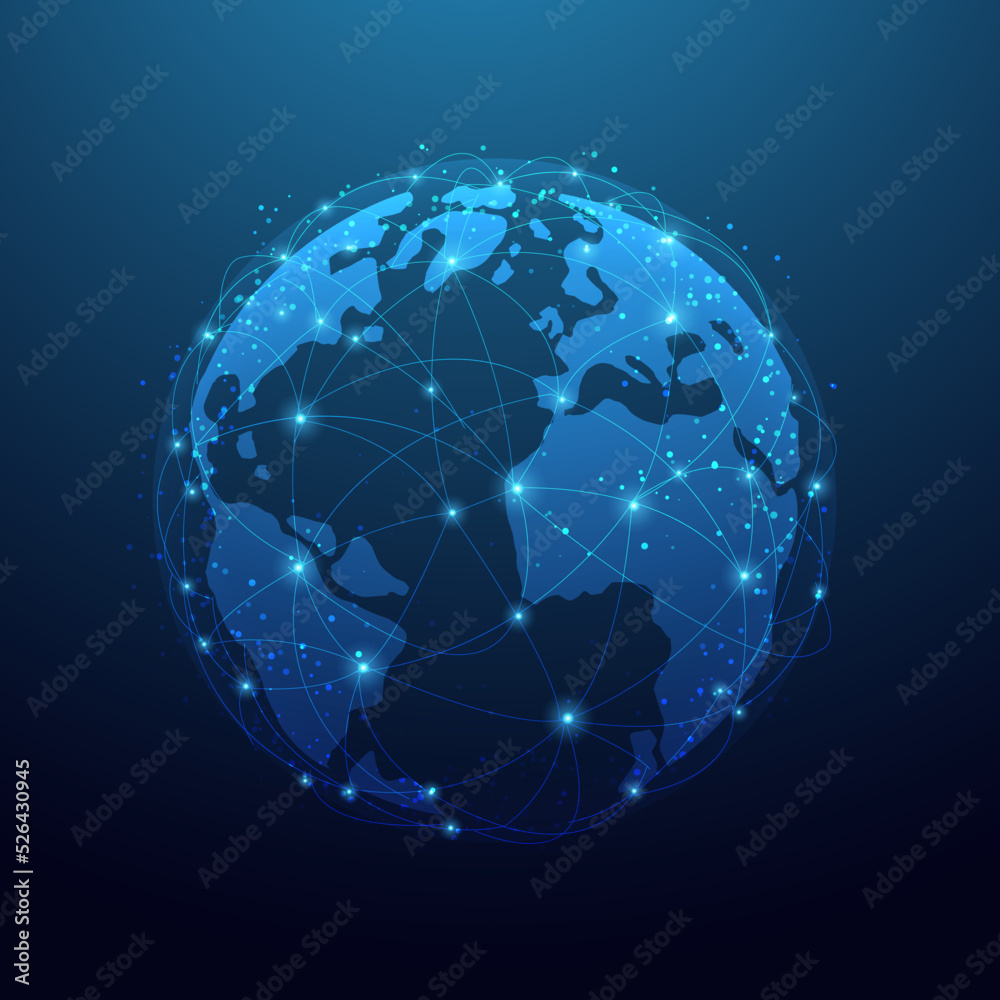 Low polyline earth network technology on blue background. Global ...