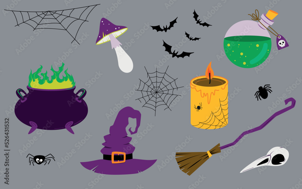 Collection of witchcraft and scary items - witch hat, cauldron, broom ...