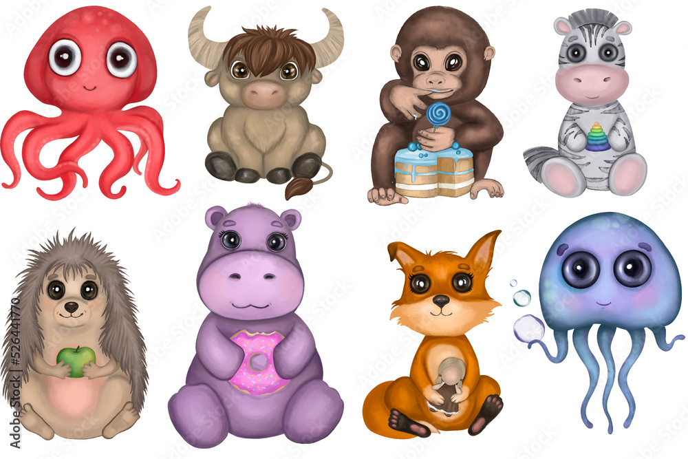 Baby animals watercolor collection. Hand drawn set of cute baby octopus ...