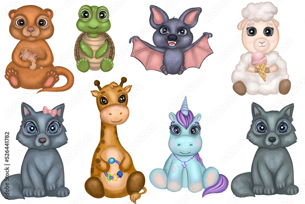 Baby animals watercolor set. Hand drawn set of cute baby xerus, turtle ...