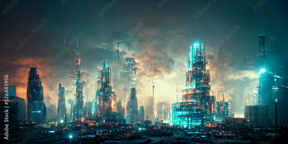 Building house Hi tech technology modern city in a cyber 3D city in a ...