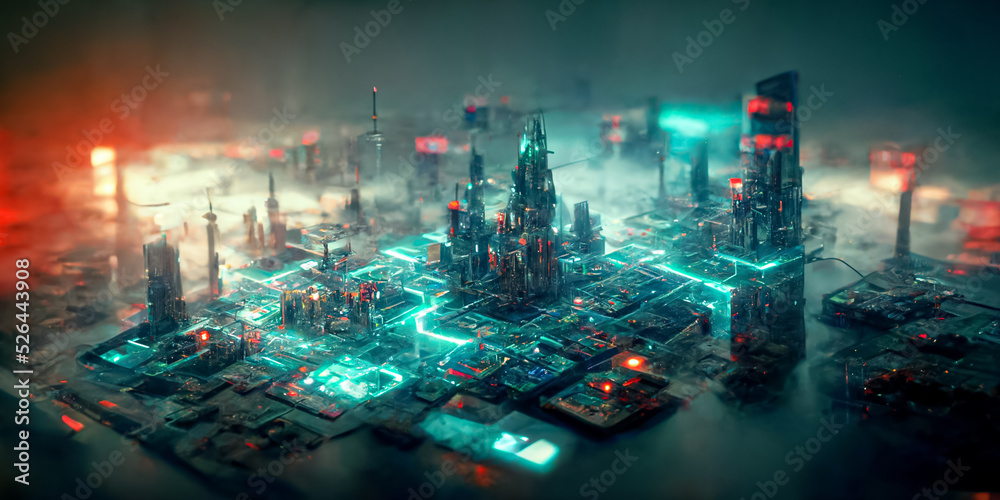 Building house Hi tech technology modern city in a cyber 3D city in a ...