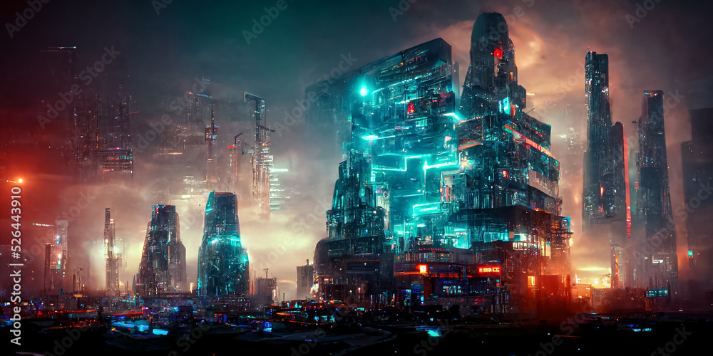 Building house Hi tech technology modern city in a cyber 3D city in a ...