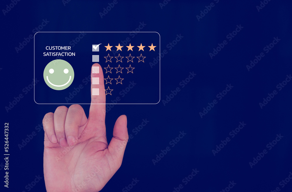 Customer satisfaction survey concept. Finger pointing gold five stars ...