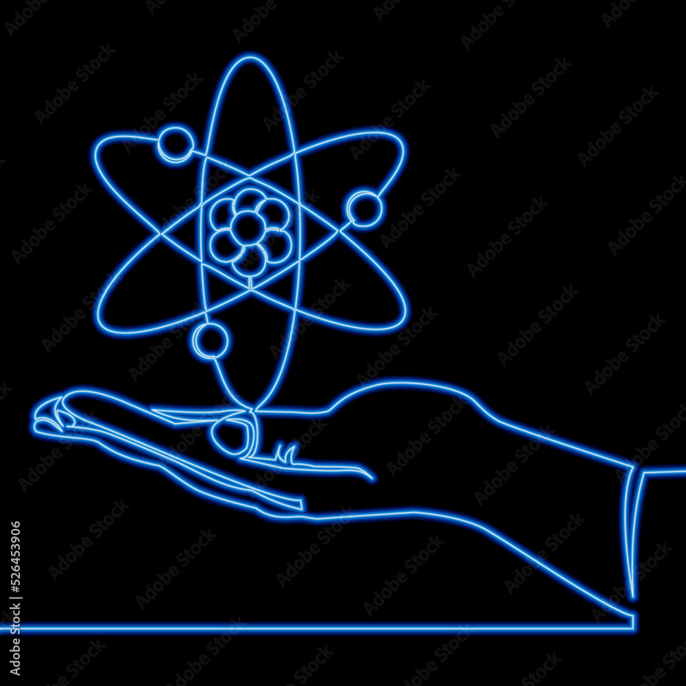 Continuous line drawing hand holding a floating atom icon neon glow ...