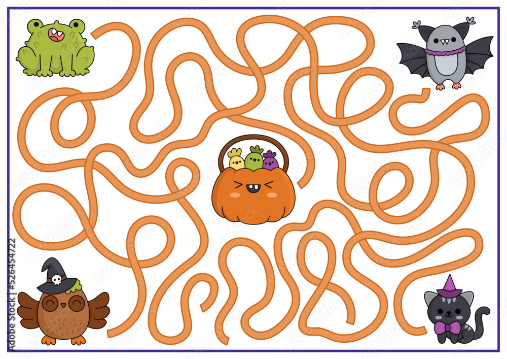 Halloween maze for kids. Autumn holiday preschool printable activity ...